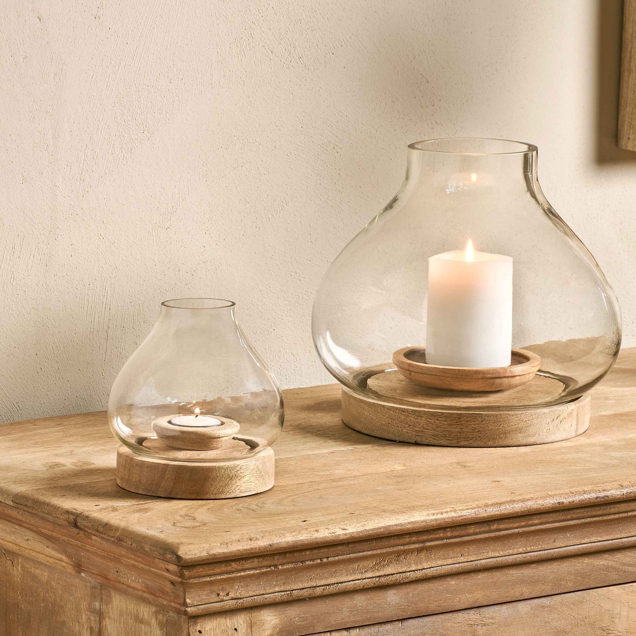 Naryla Lantern | Elegant Glass & Mango Wood Candle Lantern